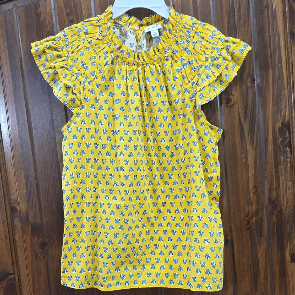 J. Crew | Tops | Jcrew Yellow Blouse With Blue Leaf Pattern | Poshmark